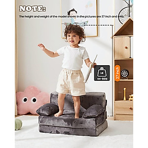 Weighted Idea Kids Sofa Toddler Couch Safe Sturdy for Boys, Soft Flannel Fabric Comfy Kid Couch Fold Out for Lounger, 2-in-1 Convertible Child Sofa Bed for Bedroom(Medium Grey)