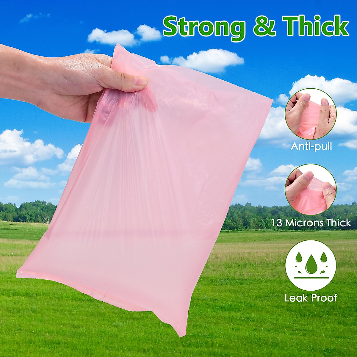 WDFAACK Biodegradable Pink Dog Poo Bags Lavender scent with Dispenser - 300 Large Poop Bags, Extra Thicken Strong Corn Starch Blended Compostable Leak Proof Poop Waste Bag for Dogs