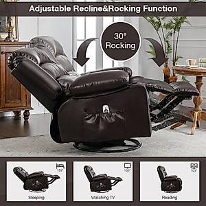 Etsaleruo Massage Swivel Rocker Recliner Chair, PU Leather Living Room Lounge Chair with Vibrating Massage and Heat, Multifunctional Lazy Sofa with Side Pockets 2 Cup Holders USB Charge Port, Brown
