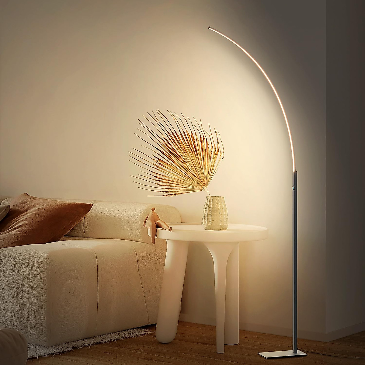 Modern 63" Arc Floor Lamp - Brushed Sliver Standing Lamp for Living Room and Bedroom, Touch Control 3000K Warm Light and 3-Way Dimmable Brightness Grey Lamp, Unique LED Corner Floor Lamp for Couch