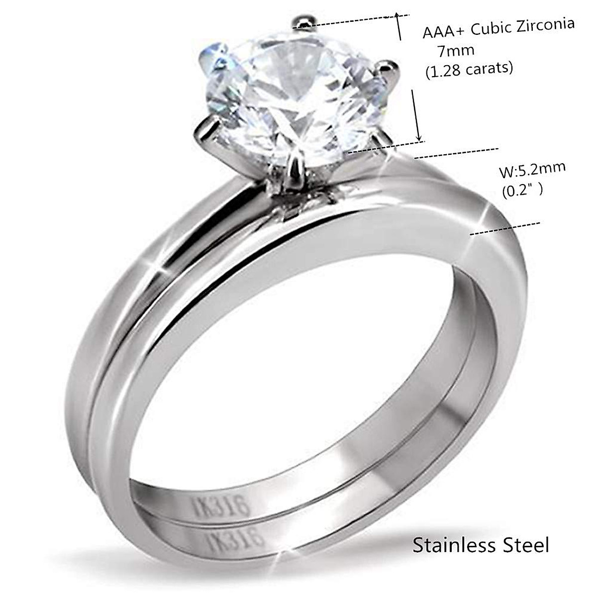MABELLA Stainless Steel Cubic Zirconia Round Cut Classic Women's Wedding Engagement Bridal Ring Set Size 7