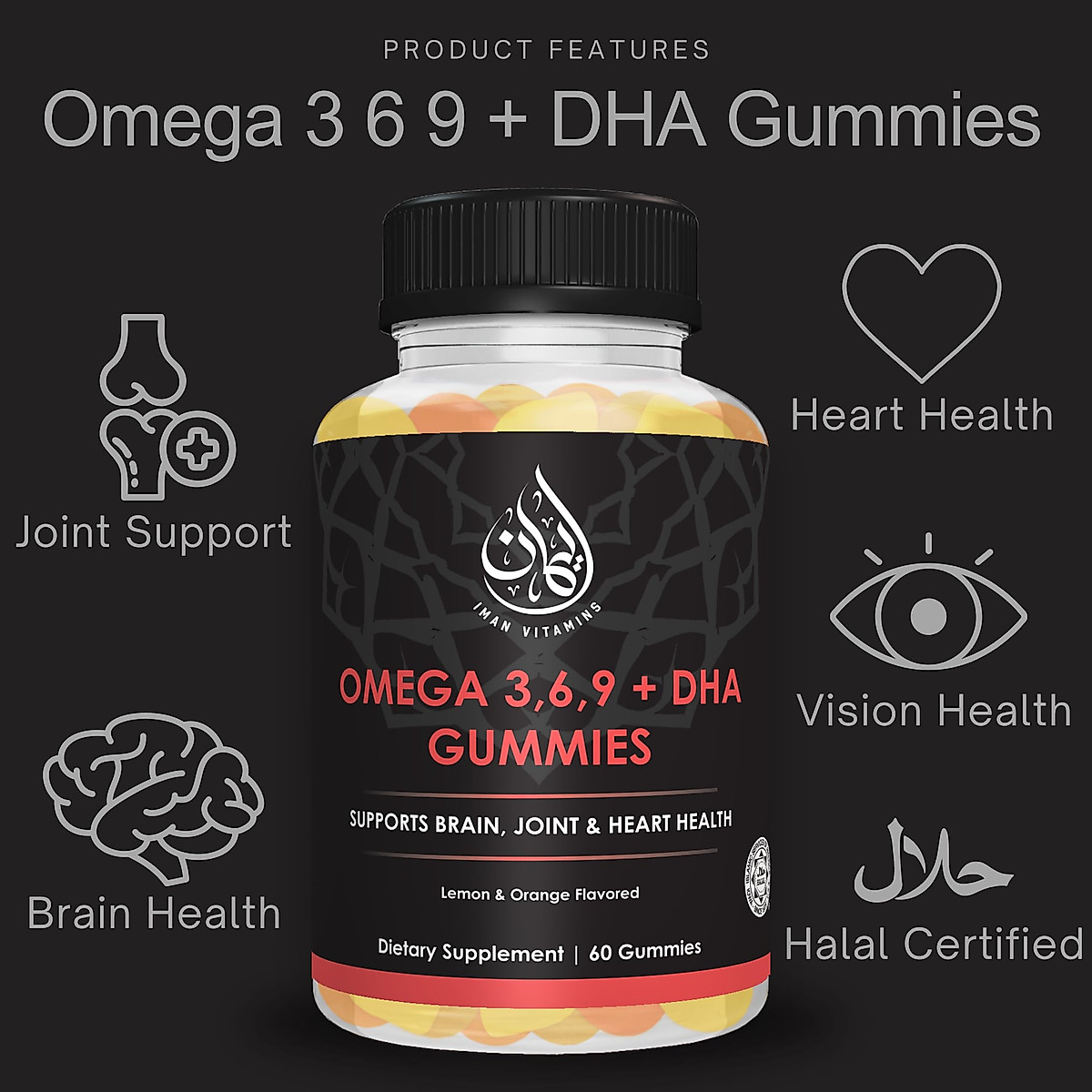 Iman Vitamins Halal Omega 3 6 9 + DHA Gummies for Adults | Supports Eyes, Brain, Immune & Heart Health | Vegetarian & Gluten Free| Vitamin C, Essential Fatty Acids & Plant-Based | 60 Count