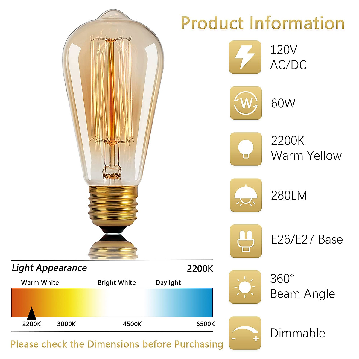Figame ST64 Edison Bulb 60W 6 Packs, 110-130 Volts, E26/E27 Base Dimmable, Retro Edison Bulb 6 Packs, 2200k Amber Warm Yellow, Decorative Antique Filament Bulb Household Lighting Fixtures