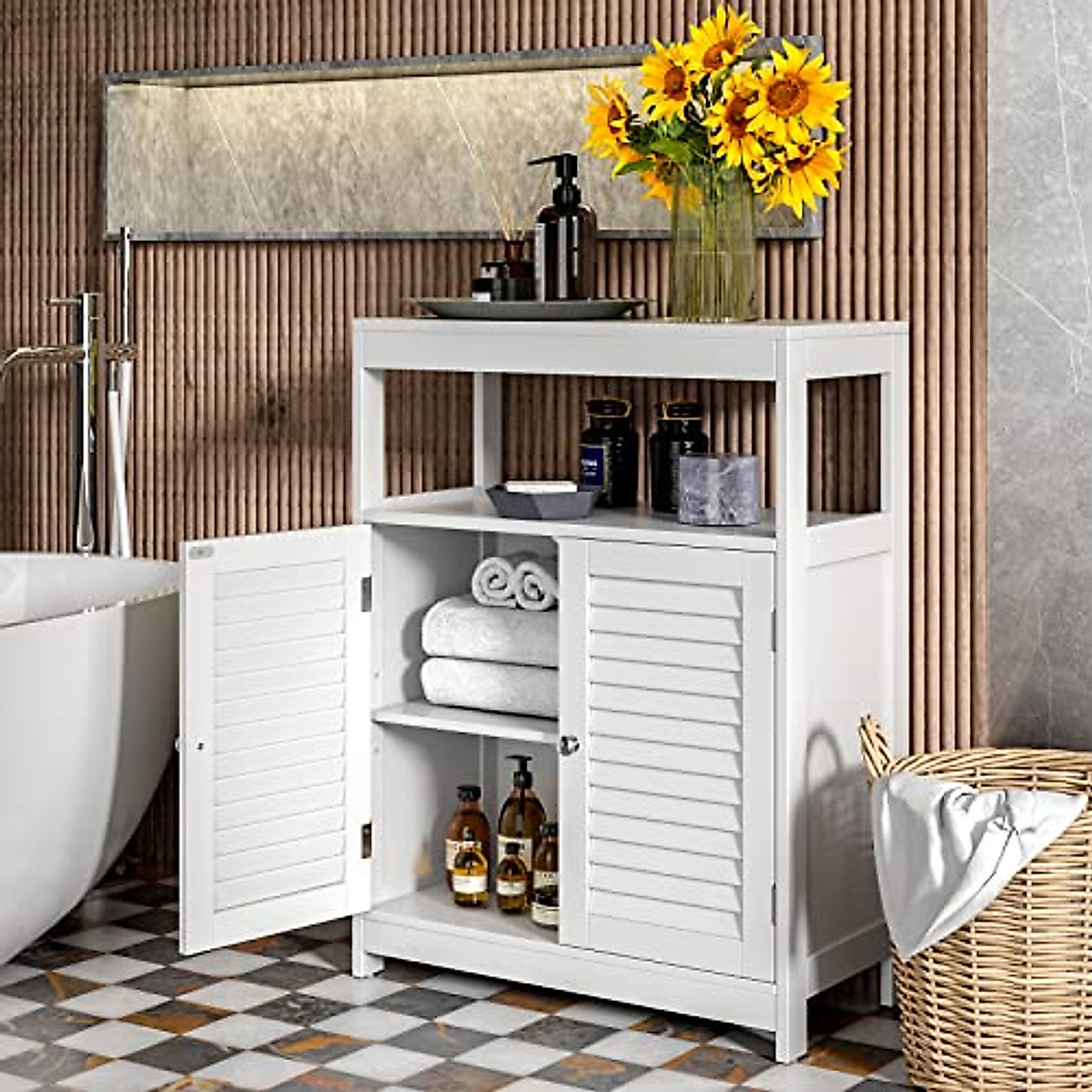 Tangkula Bathroom Storage Floor Cabinet, Free Standing Storage Cabinet with Double Shutter Doors and 3-Position Adjustable Shelves, Wooden Storage Cabinet Organizer for Bathroom, Living Room (White)