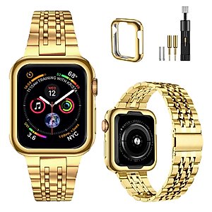 MioHHR Compatible with Apple Watch band 44mm 42mm (Not Series 10), Solid Stainless Steel Metal Strap for iWatch Series 6 5 4 3 2 1 SE, Gold