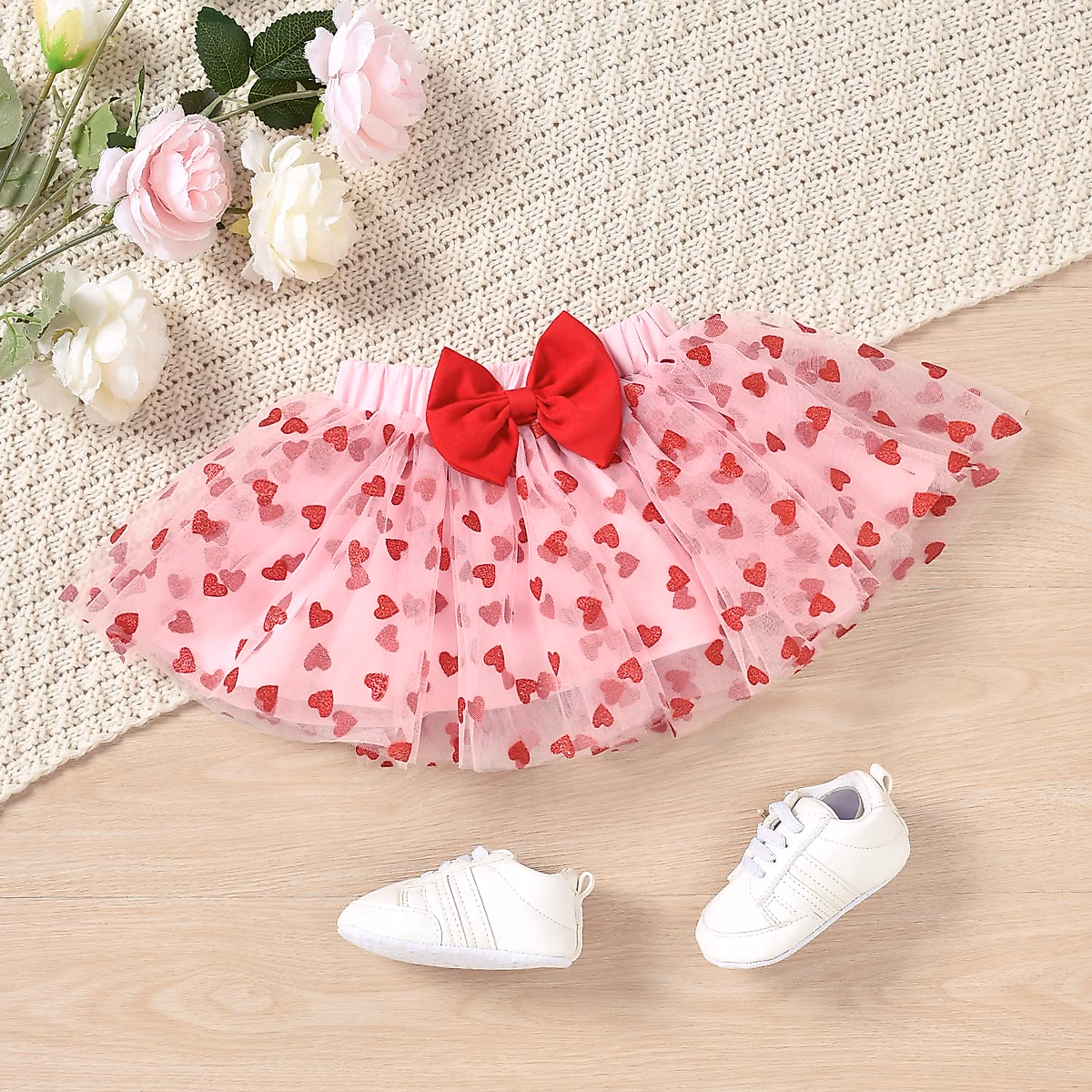 Aalizzwell 6-12 Months Baby Girls Valentines Day Outfit Infant 1st Valentines My Tulle Skirt Heart Clothes with Leg Warmers Clothing Pink