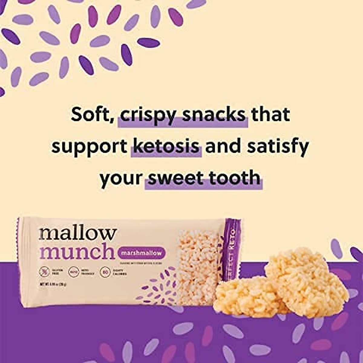 Perfect Keto Mallow Munch, Gluten Free, Cereal Bars, Breakfast Bar, Rice-Free, Low Sugar, Low Carb, Crispy, High Protein Snack, Healthy Snacks, 9g Protein, 2g Net Carbs, Original Marshmallow, 8 Pack