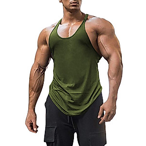 Men's Cotton Workout Tank Tops Dry Fit Gym Bodybuilding Training Fitness Sleeveless Muscle T Shirts (Army Green, Large)