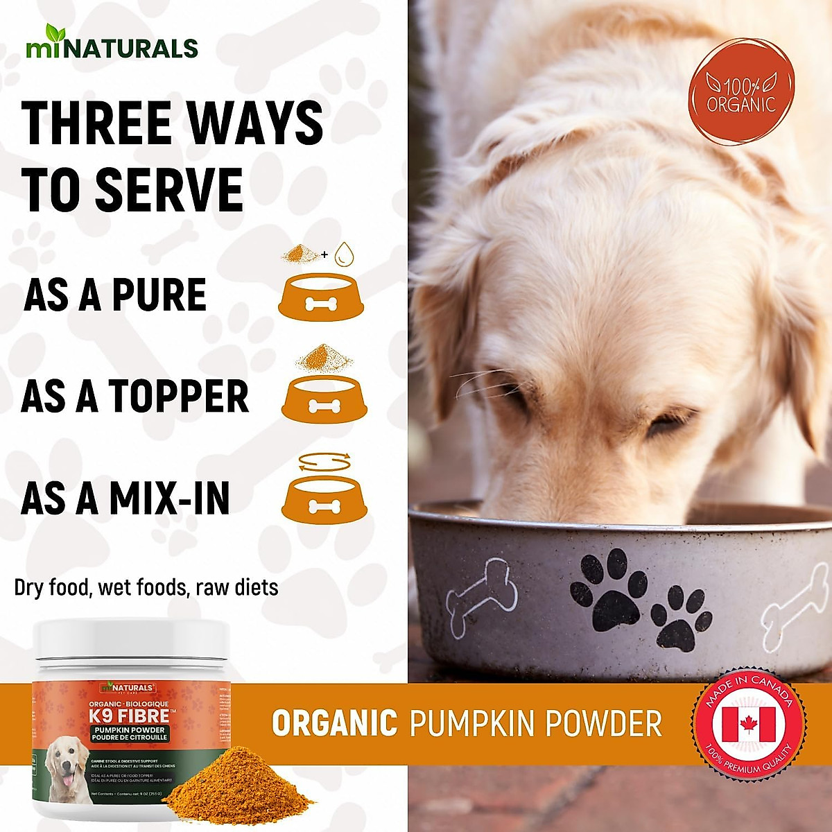 Pumpkin Powder for Dogs Organic 9 oz (255g) Premium Fibre - Canine Stool & Digestive Support - No Diarrhea or Scoots! by miNATURALS