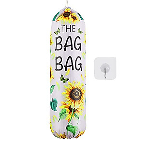 Sunflower Plastic Bag Holder for Kitchen, Plastic Bag Organizer and Dispenser Wall Mount Plastic Bags with Self-adhesive Hooks Garbage Shopping Trash Bags Storage Sunflower Farmhouse Home Decor