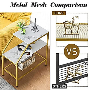 Wolawu End Table 3 Tiers White Marble Wood Nightstand with Storage Ladder Shelf Sofa Side Table for Small Space Modern Trapezoid Furniture Plant Stand in Living Room Bedroom Gold