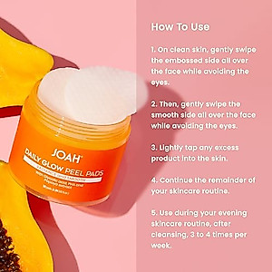 JOAH Daily Glow Exfoliating Cotton Peel Pads with Glycolic Acid, Infused with PHA & Papaya Extract, Free of Gluten, Parabens, Phthalates, SLS, & Formaldehyde, 50 Pads – 3.04 US fl. oz.