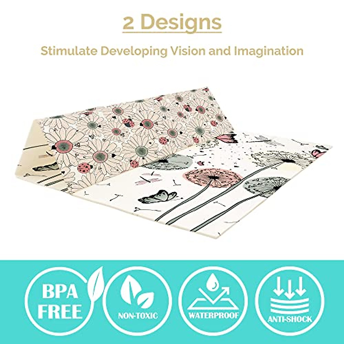 JumpOff Jo - Large Waterproof Foam Padded Play Mat for Infants, Babies, Toddlers, Play Pens & Tummy Time, Foldable Activity Mat, 70 in. x 59 in. - Daisy Bug