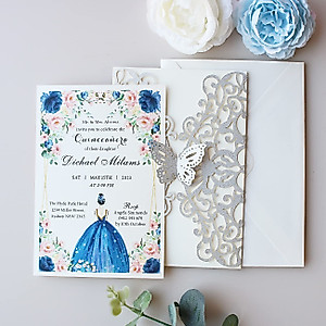 KUCHYNEE 20PCS 5.1x7.3 inch Silver Laser Cut Lace Flora Wedding Invitation Cards with Butterfly and Envelopes for Quinceañera Bridal Shower Wedding Invite (Silver Glitter)