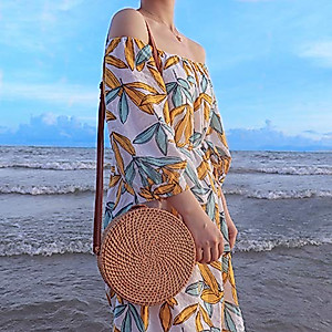 Handwoven Round Rattan Bag for Women Bali Ata Straw Bags Adjustable Shoulder Leather Straps