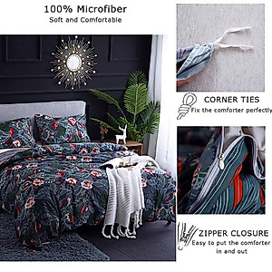 CoutureBridal Green Floral Duvet Cover Set King 3 Pieces Soft Microfiber Bedding Duvet Cover with Pink Flower Leaves Bird Pattern Reversible Striped Bedding Set Zipper Ties