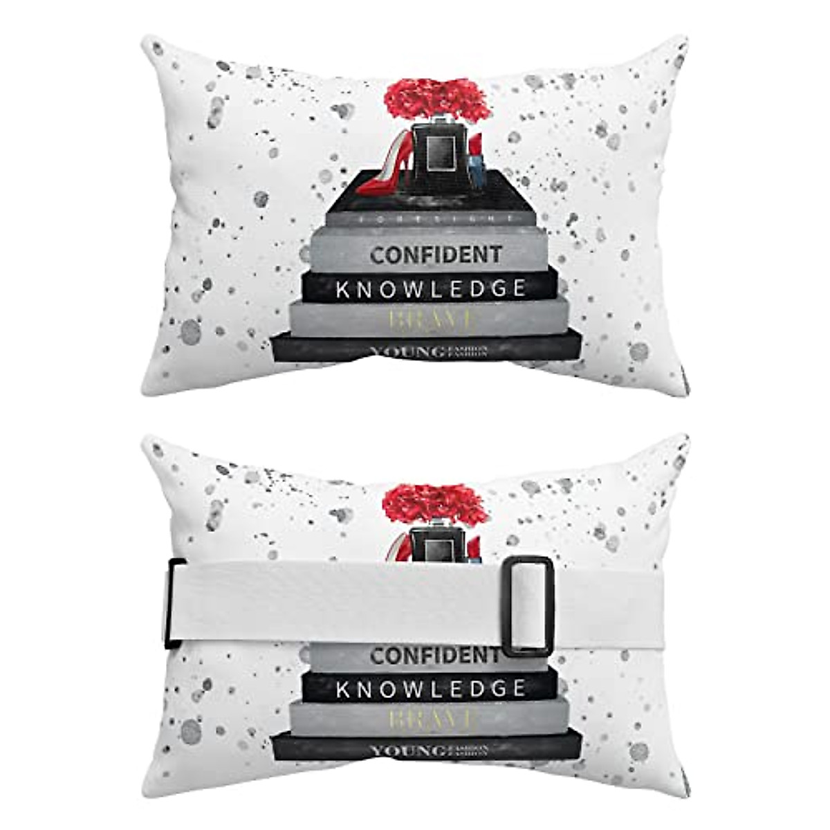 Fashion Lady Theme Outdoor Pillows for Chaise Lounge Chair, Flower High Heels Lipstick Perfume Waterproof Lumbar Head Support Pillow with Adjustable Elastic Band for Pool Patio Furniture Decorative