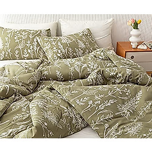 JANZAA 3 Pieces Duvet Covers Queen Size Floral Cover White Botanical Printed on Qlive Geen Soft Bed with Zipper Closure 4 Ties All Season Using(2 Pillow Cases)