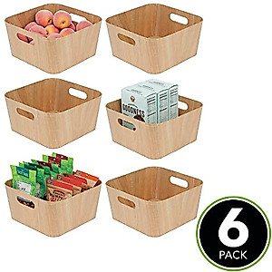 mDesign Wood Grain Paperboard Food Storage Container Bin Basket with Handles for Pantry - Organization Containers for Assorted Fruit, Vegetable, and Produce - 6 Pack - Natural/Tan