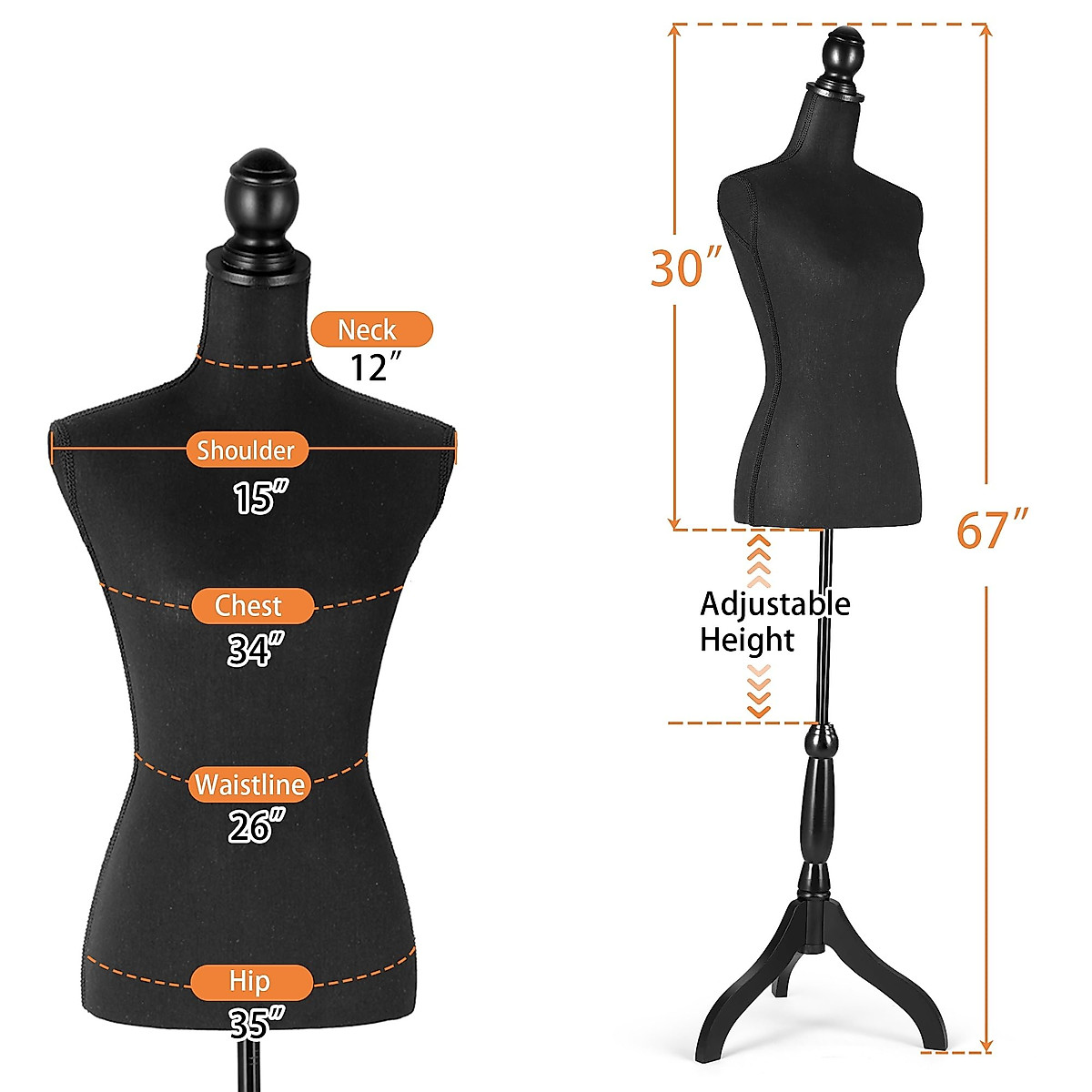 DRDINGRUI Female Mannequin Torso with Stand, Height Adjustable from 52'' to 67'' Dress Form with Tripod Base for Dress Jewelry Display
