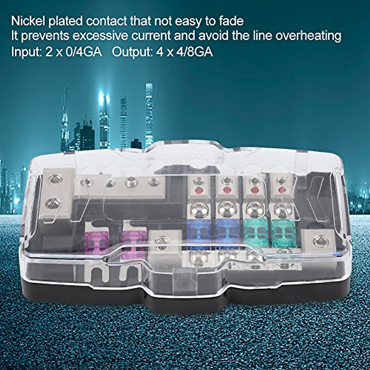 4 Way Power Distribution Block, Car o Stereo fuses Box Block, 0/4 Gauge in, 4/8 Gauge Out