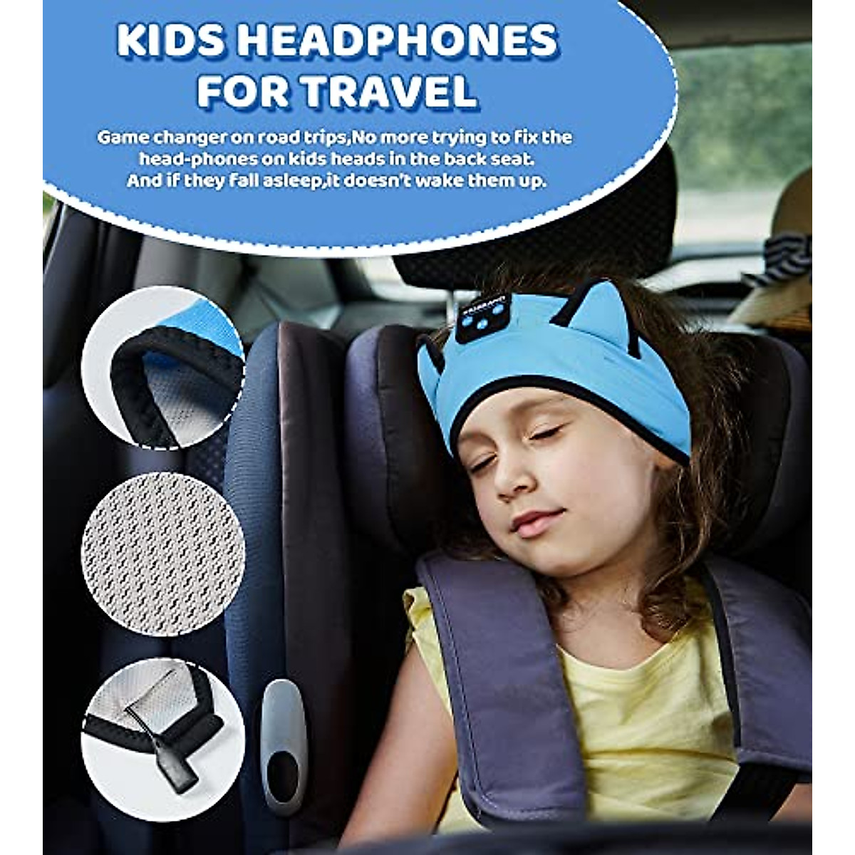KIDSBAND Kids Headphones Bluetooth Headband Adjustable, Wireless Sleep Headphones for Kids with Wired Playback 3.5 MM Jack for Teens/Boys/Girls/Smartphones/School/Kindle/Airplane Travel/Plane/Tablet