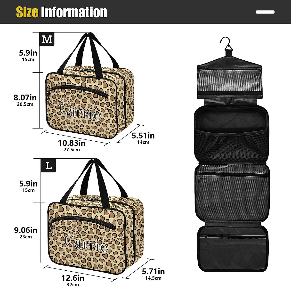 Vnurnrn Leopard Heart Personalized Large Travel Toiletry Bag for women Makeup Organizer Bag with Hanging Hook Shower Bag for Traveling Electric Shaver Brush