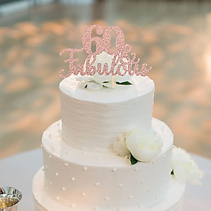 1 PCS 60 &amp; Fabulous Cake Topper Glitter Sixty and Fabulous Cake Toppers Happy 60th Birthday Cake Pick for 60th Wedding Anniversary Birthday Party Cake Decorations Supplies Rose Gold