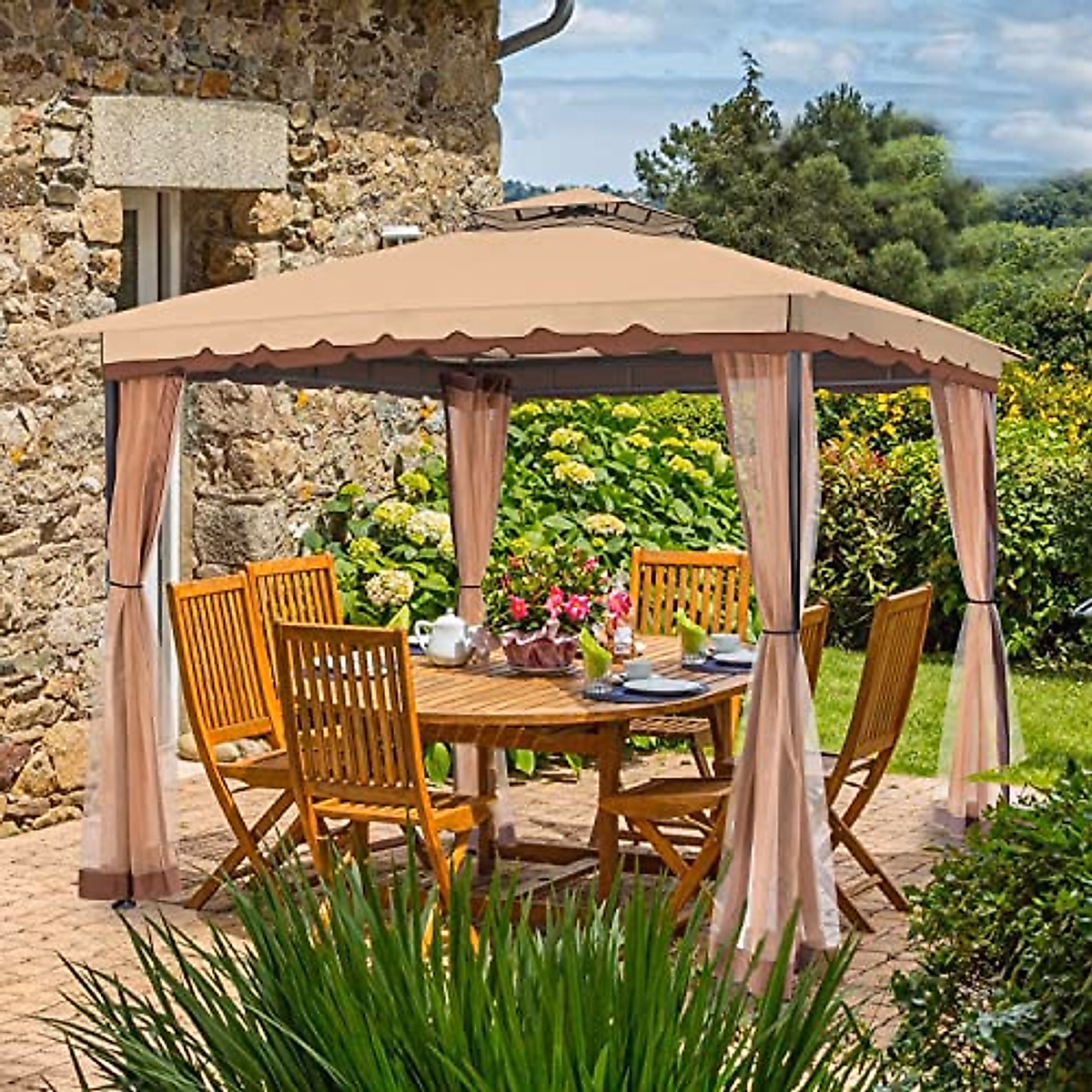 FAB BASED 10x13 Patio Gazebo with Mosquito Netting and Sand Bag - Aluminum Pole & Polyester Top, Fireproof Enclosure & Waterproof Screen Tent, Garden Pavilion for Patio, Backyard, Lawn (Khaki)