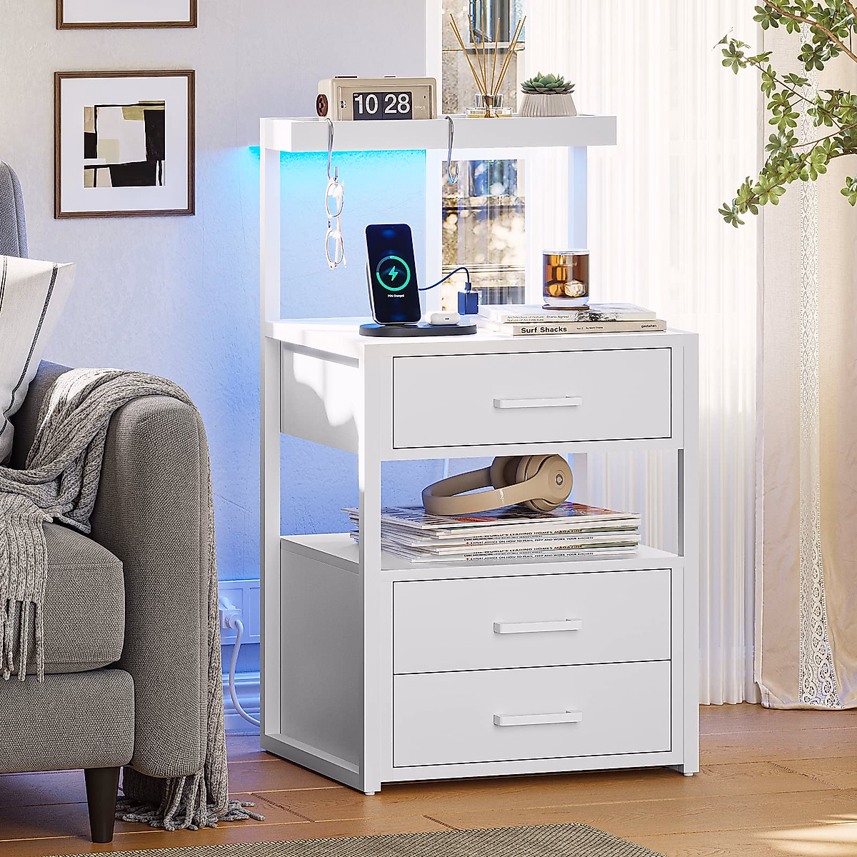 AOGLLATI Nightstand Set of 2 with Charging Station and LED Lights, Bedside Table with 3 Drawers and Open Storage Shelves, 2 USB Ports and 2 AC Outlets, LED Night Stand for Bedroom, 2 Pack, White