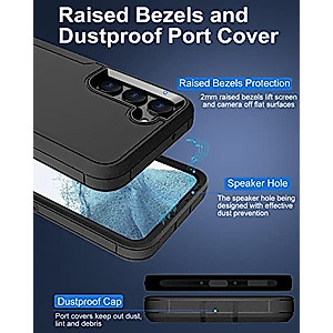 Dahkoiz for Samsung Galaxy S23 Case, with Dust-Proof Port Cover, Full Body Protection Rubber Cover Phone Case for Samsung Galaxy S23 5G 6.1-Inch, Black/Black