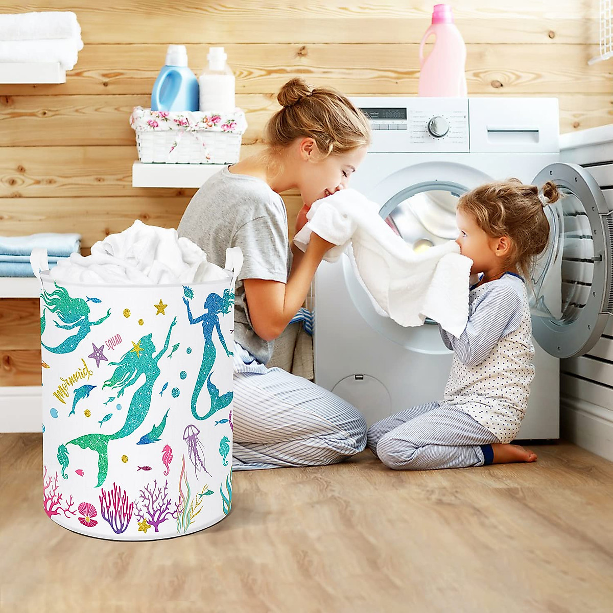 Clastyle 45L Blue Mermaid Nursery Hamper for Girls Collapsible Sea Coral Clothes Toy Baby Basket with Lid for Bathroom