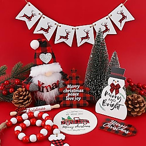 13 Pieces Christmas Tiered Tray Decor Set Christmas Decorations Indoor Winter Wooden Tabletop Signs Red and Black Buffalo Plaid Theme Decor Gnome Snowman Christmas Tree for Christmas Farmhouse Decor