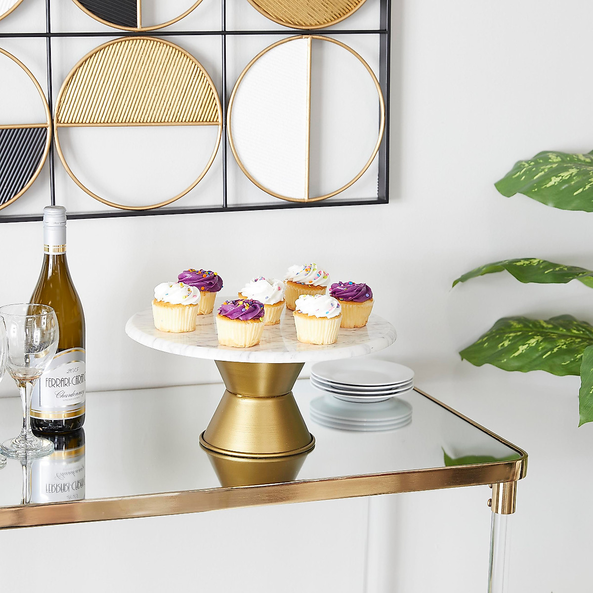 CosmoLiving by Cosmopolitan Ceramic Cake Stand with Gold Base, 14" x 14" x 6", White