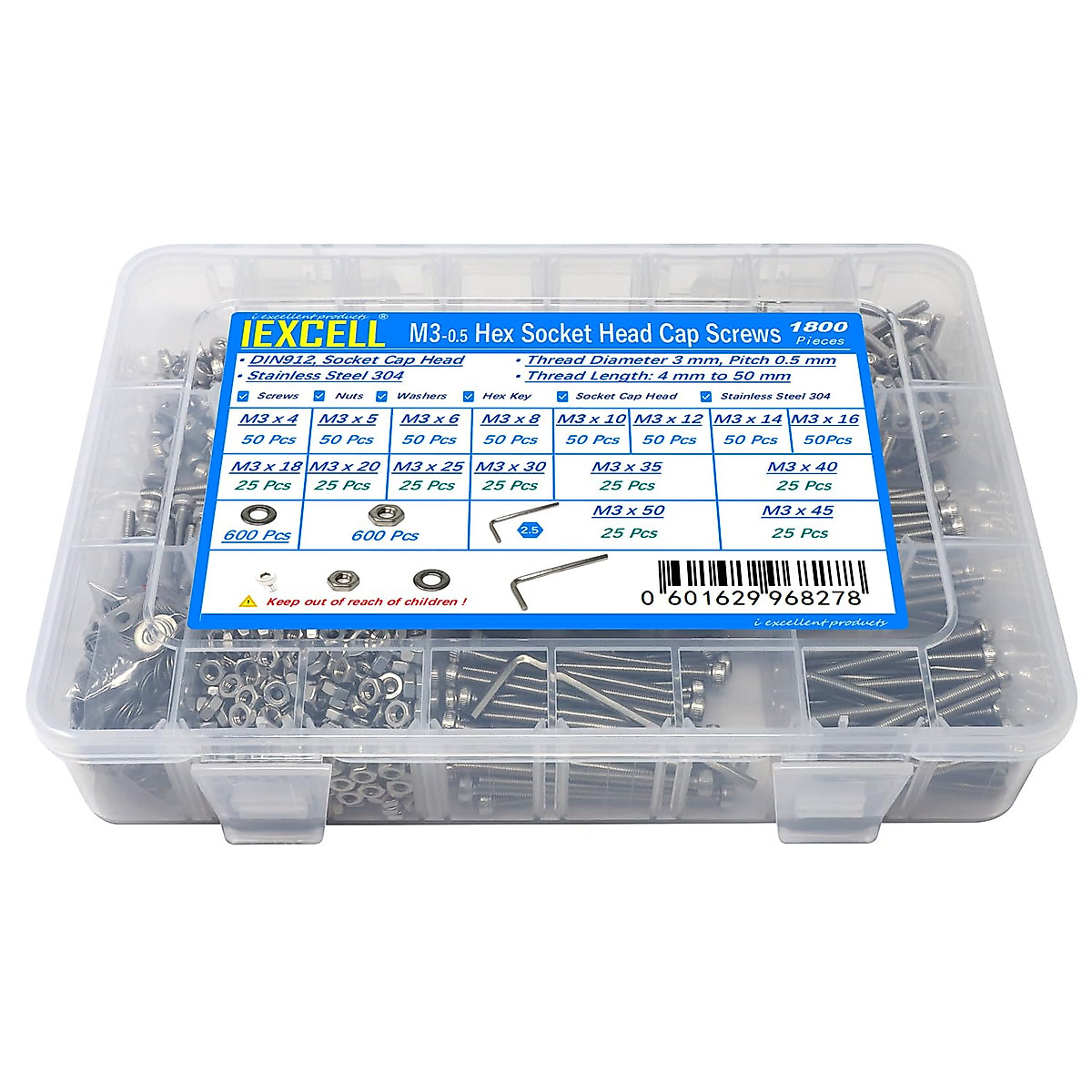 iexcell 1800 Pcs M3 x 4/5/6/8/10/12/14/16/18/20/25/30/35/40/45/50 Stainless Steel 304 Hex Socket Head Cap Screws Blots Nuts Washers Assortment Kit