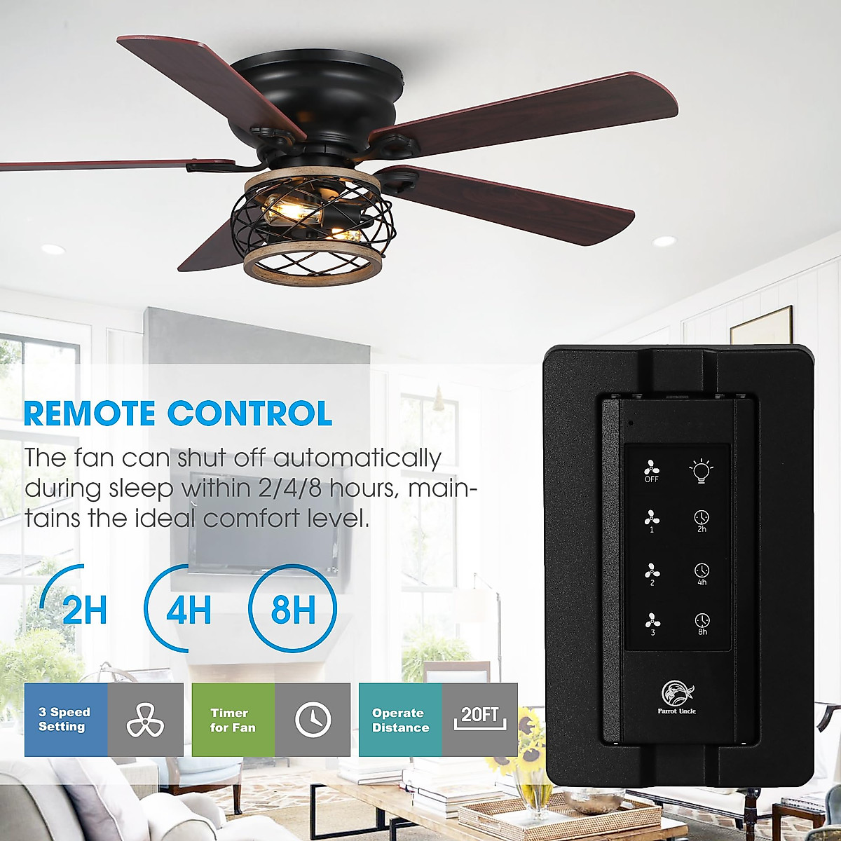 Parrot Uncle Low Profile Ceiling Fans with Lights and Remote, 48 Inch Black Ceiling Fan with Light Flush Mount Farmhouse Rustic Hugger Fan for Bedroom, Reverse Airflow, Timer, FREE Replacement