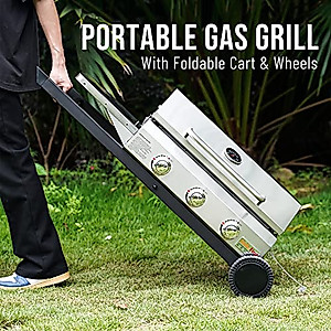 Onlyfire Portable BBQ Gas Griddle 3 Burners, Stainless Steel Flat Top Gas Grill Griddle Stove with Lid, Side Table, Foldable Cart & Wheels for Outdoor Kitchen, Patio Backyard and Camping