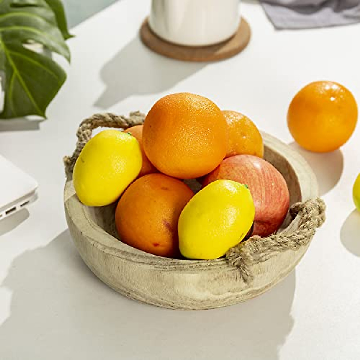 MyGift 9.6 inch Handmade Natural Paulownia Wood Fruit Bowl with Rope Handles, Decorative Round Serving Bowl Tabletop Home Décor