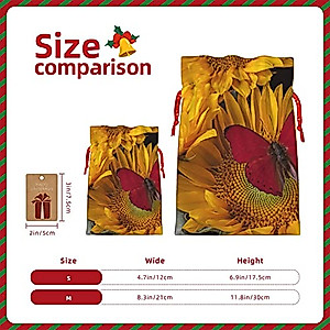 Yellow Sunflowers With Red Butterflychristmas Drawstring Gift Bag, Linen Drawstring Gift Bag, Reusable Drawstring Gift Bag, Used For Christmas, Birthday, Wedding Supplies