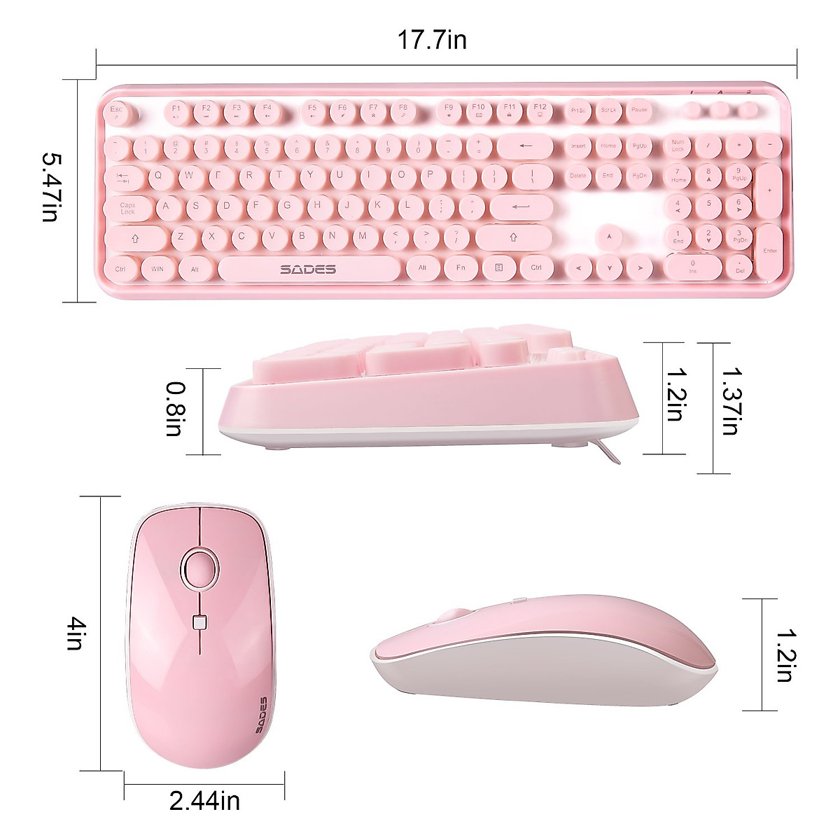 SADES V2020 Pink Wireless Keyboard with Round Keycaps,2.4GHz Dropout-Free Connection,Long Battery Life,Cute Wireless Moues for PC/Laptop/Mac(Pink)