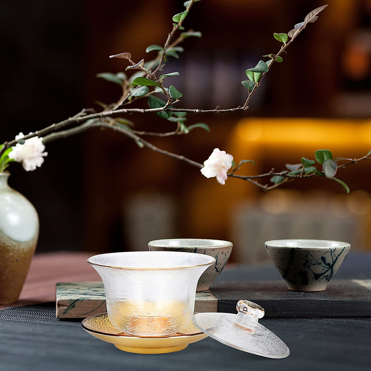 Happyyami Crystal Gaiwan Chinese Japanese Glass Gaiwan Traditional Tea Cup Comprised of Cup and Saucer Lid Tureen for Kung Fu Tea Accessories