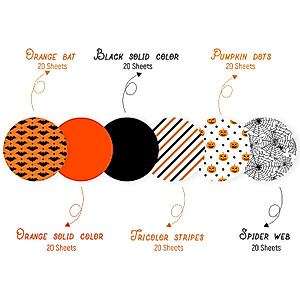 Whaline 120 Sheets Halloween Tissue Paper Black Orange Wrapping Paper Bat Pumpkin Web Spider Art Paper Crafts for Halloween Fall Birthday Wedding Party Gift Bag DIY Pompom Confetti (6 Designs)