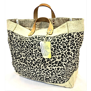 Burlap tote Bag with Leather handle, Animal print Size : 14" X 11" X 6", Thick burlap canvas women hand bags