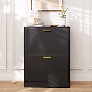 LYNSOM Shoe Cabinet, Free Standing Tipping Bucket Shoe Rack Organizer with 2 Flip Drawers, Modern Entryway Shoe Storage with Top Display, Narrow Slim Hidden Shoe Cabinet (Black)