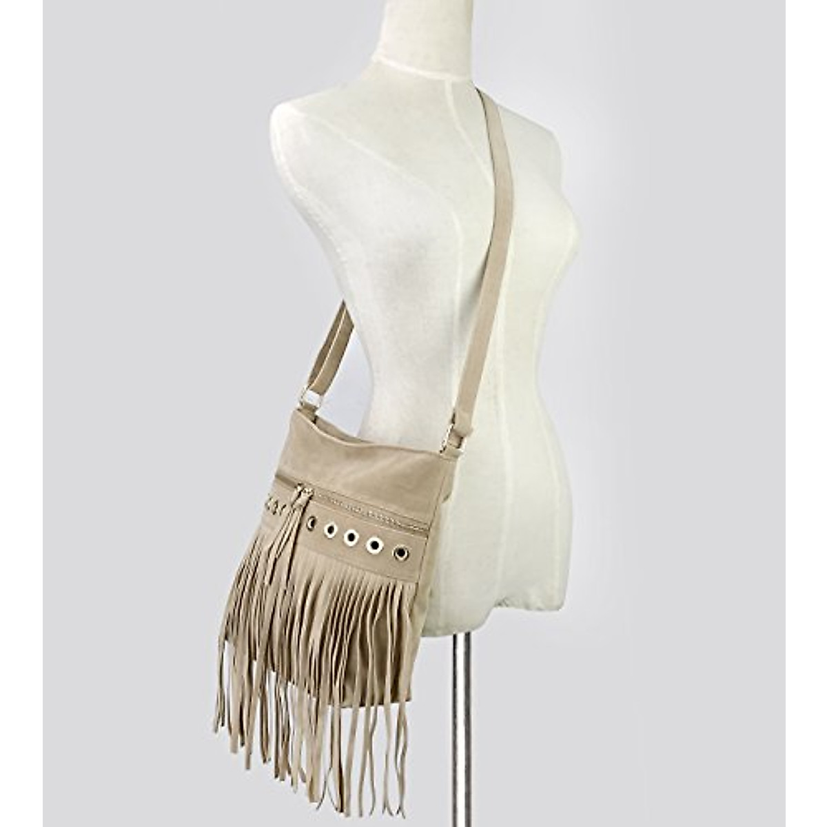 HOXIS Studded Tassel Zipper Pocket Faux Suede Leather Cross Body Bag Womens Purse (Gray)