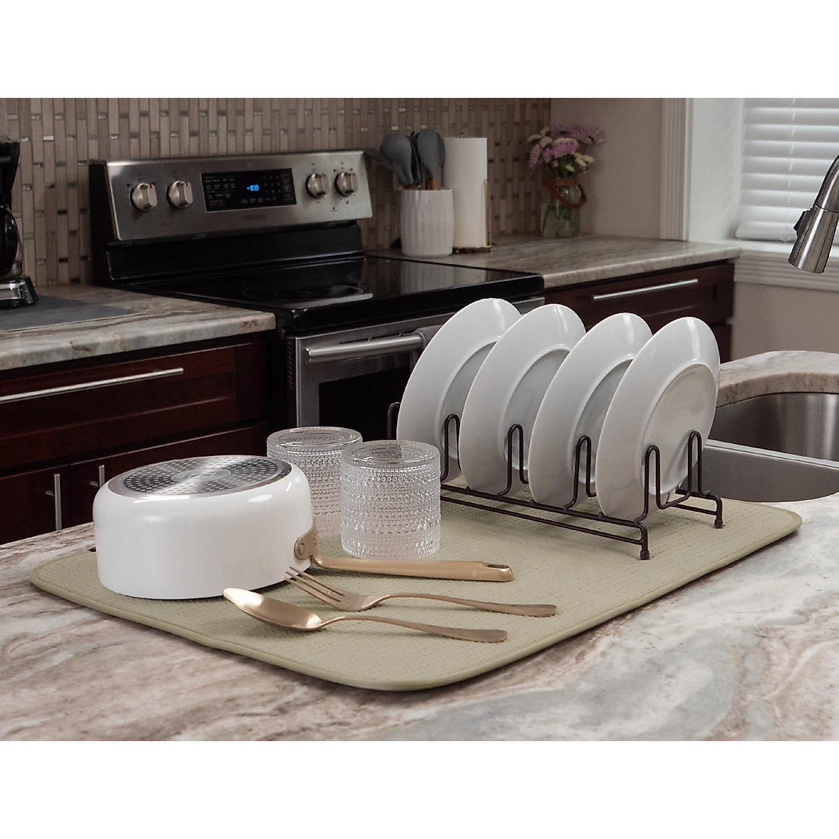 S&T INC. Dish Drying Mat XL, Highly Absorbent Microfiber Kitchen Counter Mat, Dish Drying Pad for Dishes, Utensils, Pots and Pans, Extra Large 18" x 24", Pure Cashmere