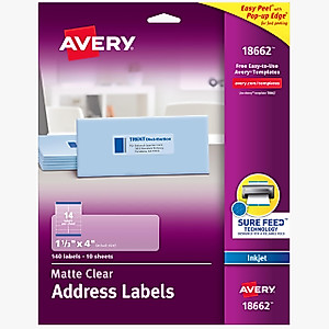 Avery Printable Address Labels with Sure Feed, 1-1/3" x 4", Matte Clear, Permanent Adhesive, Inkjet Printers, 140 Blank Mailing Labels, Great for Mailing, Product Labels, Jar Labels, and More (18662)