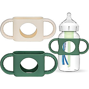Wide Neck Bottle Handles for Dr Brown, 2 Pack Baby Bottle Holder 100% Silicone, BPA Free, Dishwasher Safe, Baby Grasp Teaching, Hands Free Feeding, White and Green