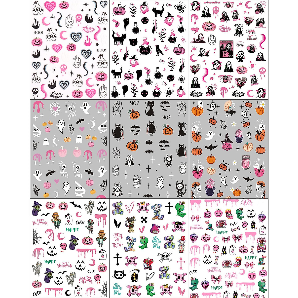 JMEOWIO 9 Sheets Pink Halloween Nail Art Stickers Decals Self-Adhesive Pegatinas Uñas Cute Skull Ghost Witchy Spider Web Bat Candy Pumpkin Nail Supplies Nail Art Design Decoration Accessories