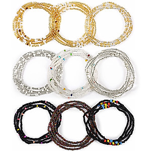 9 Packs Waist Bead Chains for Women Belly Beads Stretchy Waist Beads African Belly Chain Stomach Beads Body Bikini Jewelry (Clear, Black, Gold)